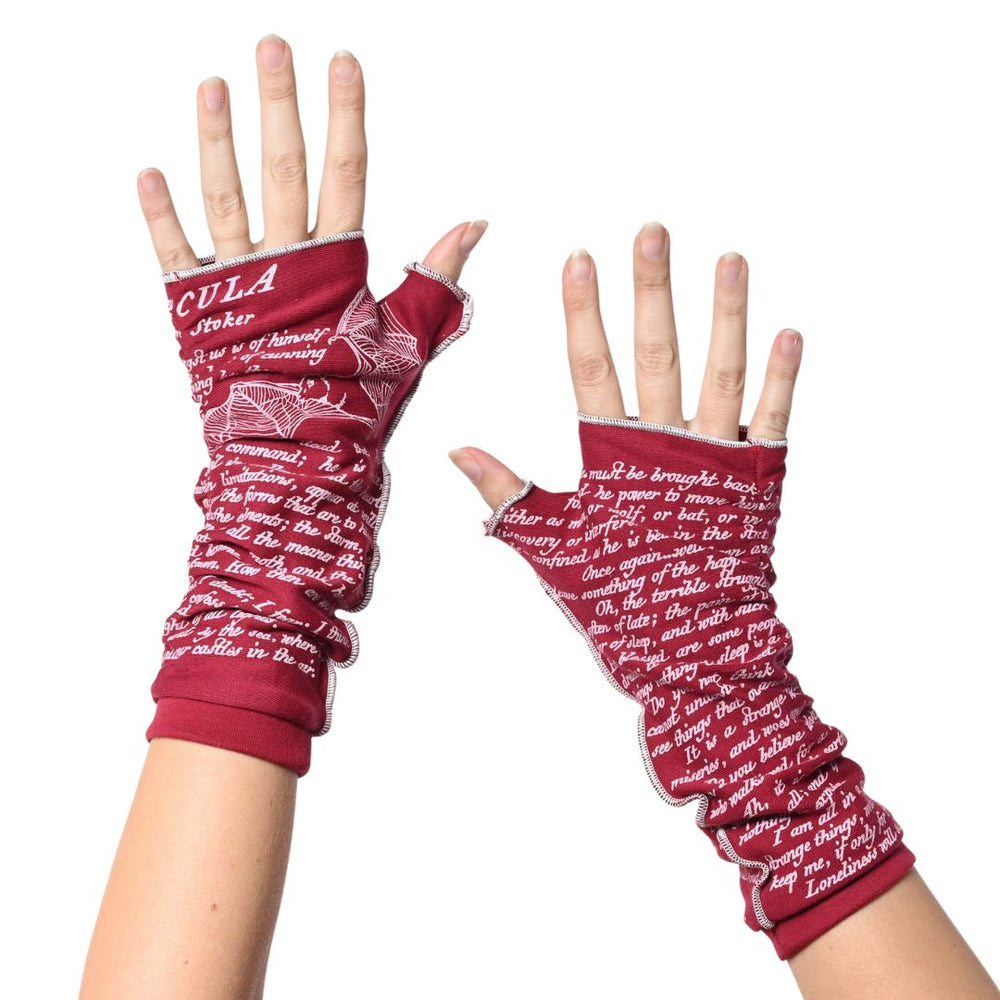Dracula Writing Gloves | Black Print Fingerless Gloves - Storiarts