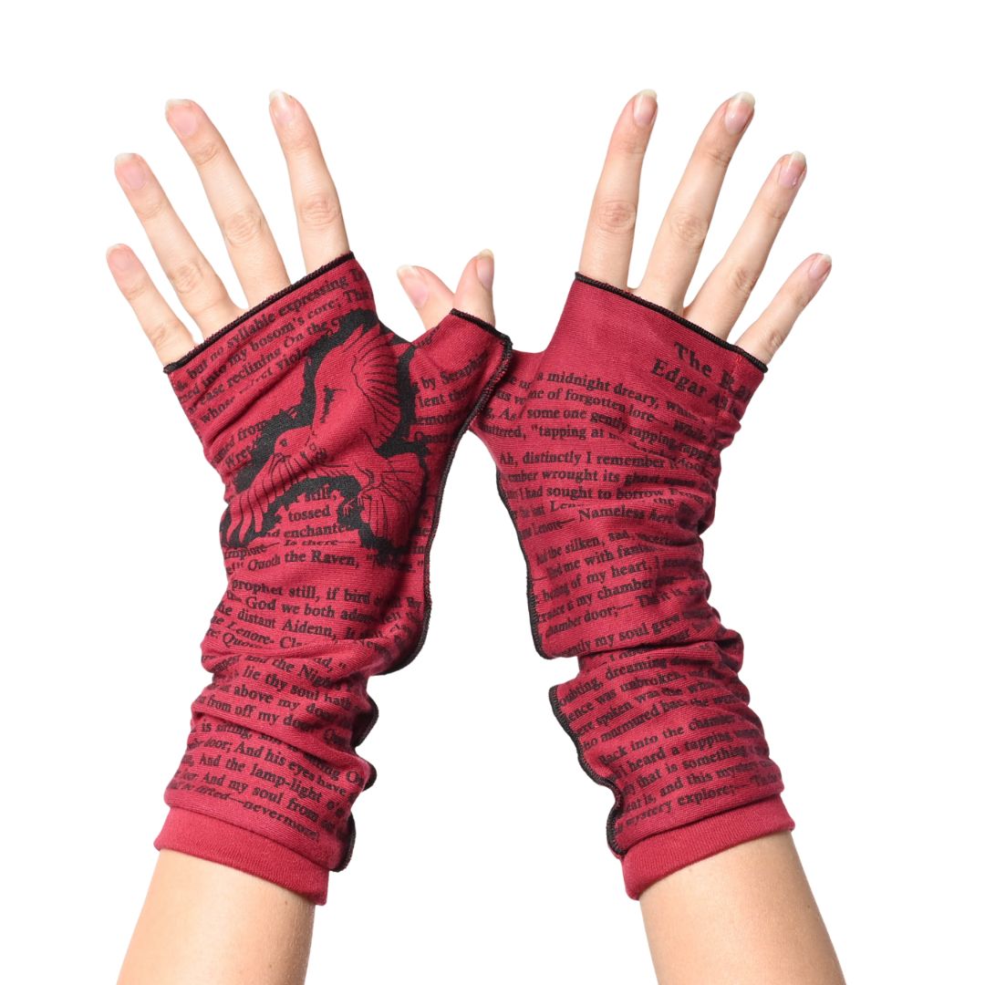 The Raven Writing Gloves | Black and Gray Fingerless Gloves - Storiarts
