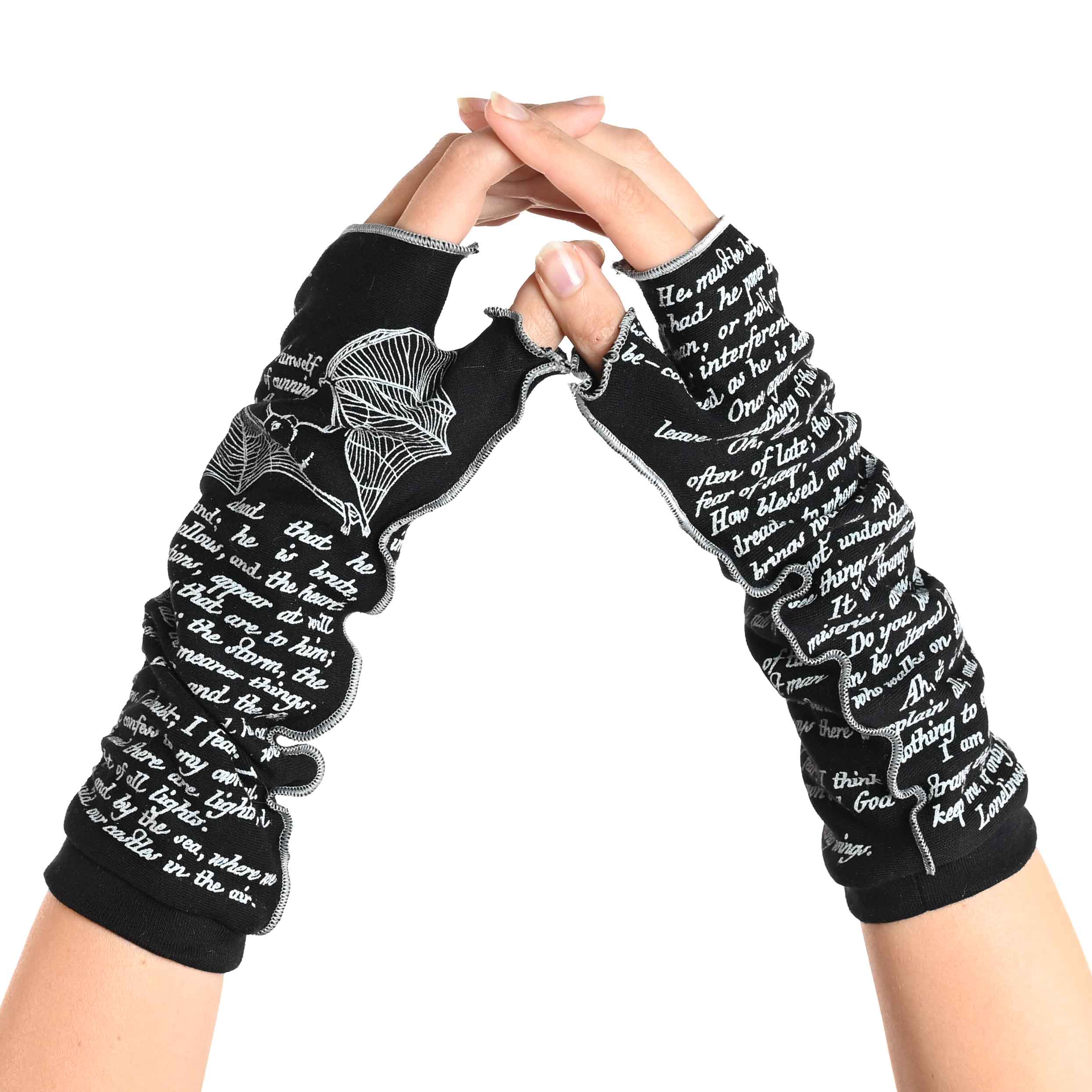 Dracula Writing Gloves | Black Print Fingerless Gloves - Storiarts