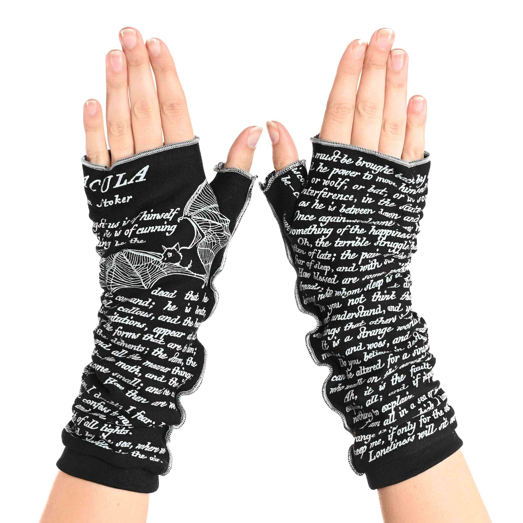 Dracula Writing Gloves | Black Print Fingerless Gloves - Storiarts