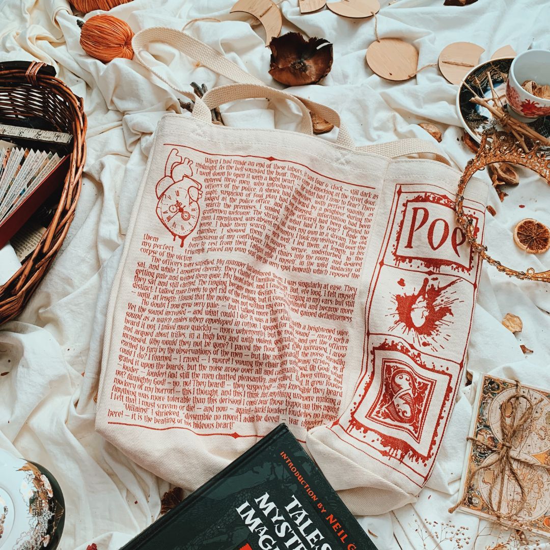 The Tell-Tale Heart Book Tote | White and Red Tote Bag - Storiarts