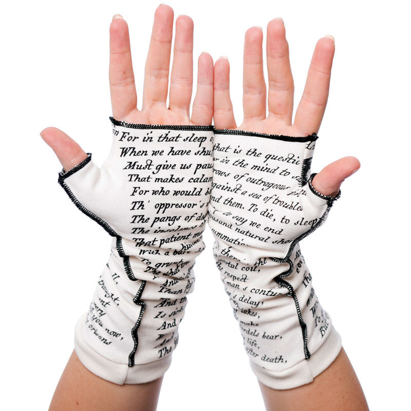 Hamlet Writing Gloves | White Print Fingerless Gloves - Storiarts