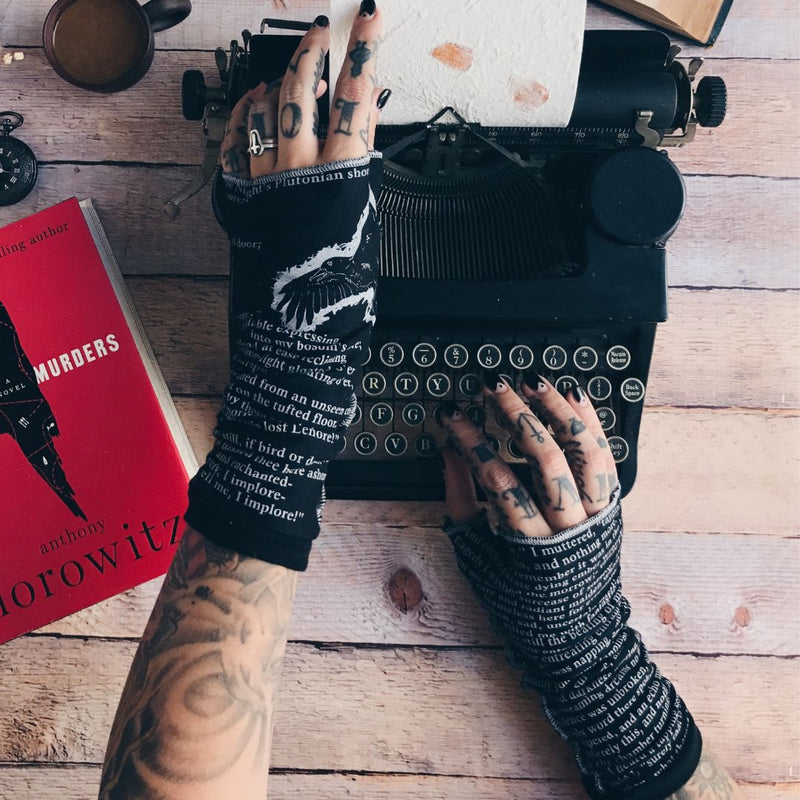The Raven Writing Gloves | Black and Gray Fingerless Gloves - Storiarts